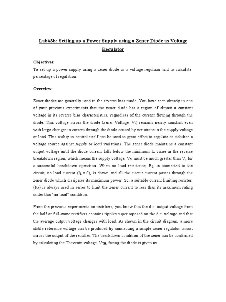 Lab#3b: Setting Up A Power Supply Using A Zener Diode As Voltage ...