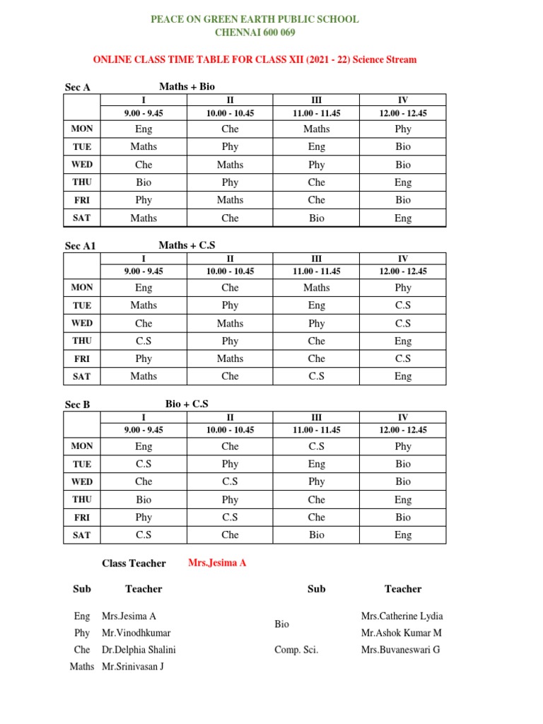Sec A Maths + Bio: Online Class Time Table For Class Xii (2021 - 22) Science Stream | PDF