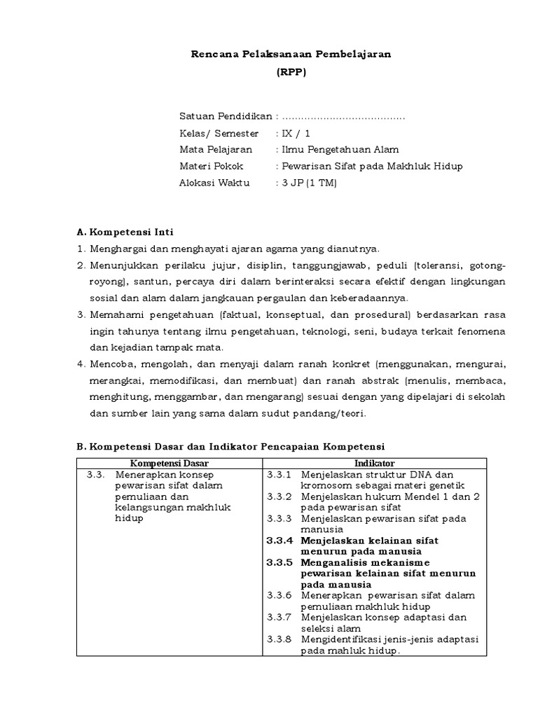 RPP Kls 9 - Pewarisan Sifat (KD 3.3) | PDF | Karier & Perkembangan | Pengembangan Diri