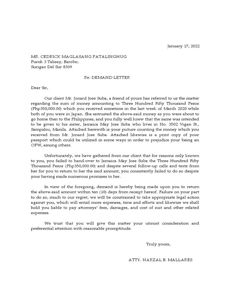 Demand Letter - Cedrick Patalinghug | PDF