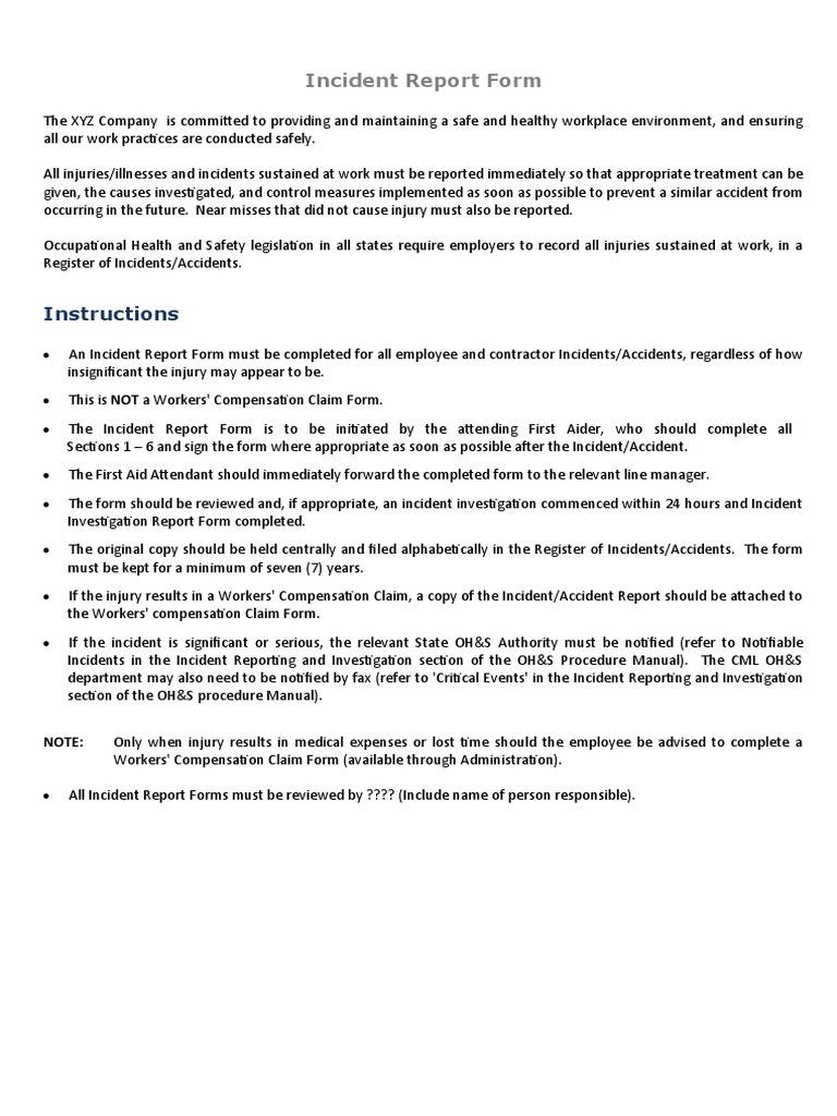 Workplace Incident Report Template | PDF | Workers' Compensation ...