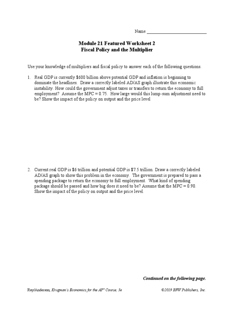 Module 21 Featured Worksheet 2 Fiscal Policy and The Multiplier | PDF ...