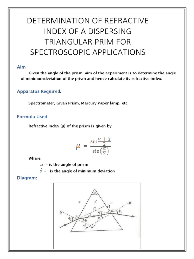 Refractive Index of Prism Experiment Report | PDF