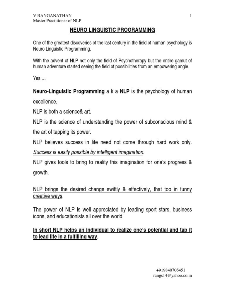 Nuero Linguistic Programming | PDF | Neuro Linguistic Programming ...
