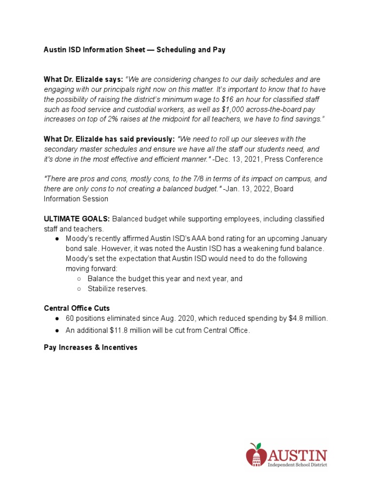 Austin ISD Information Sheet - Scheduling and Pay | PDF | Economies