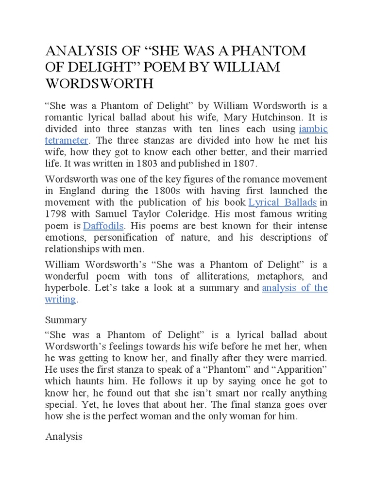 She Was A Phantom of Delight' | PDF | William Wordsworth | Poetry