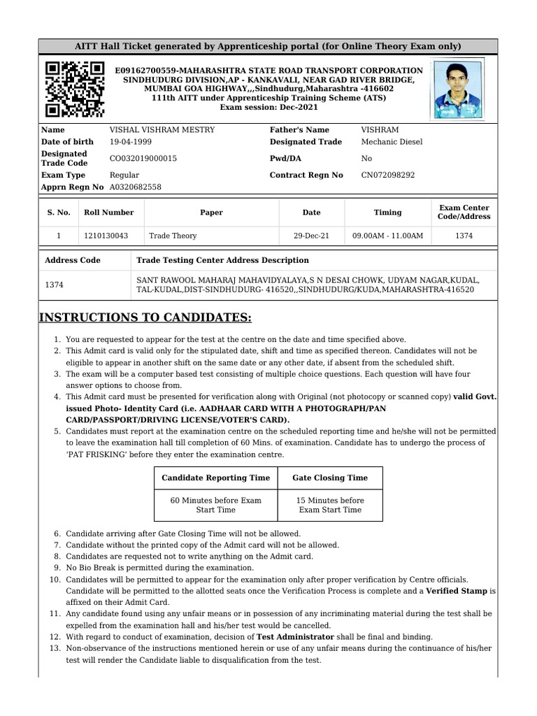 Instructions To Candidates:: AITT Hall Ticket Generated by ...