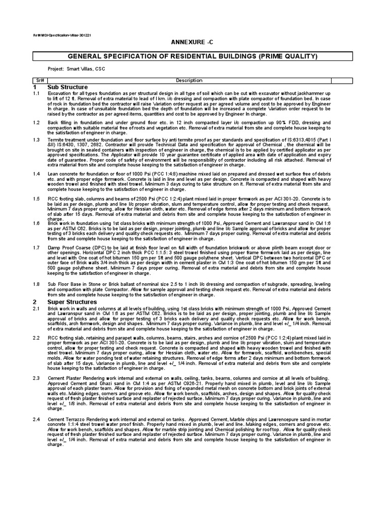 General Specification of Residential Buildings (Prime Quality) | PDF ...