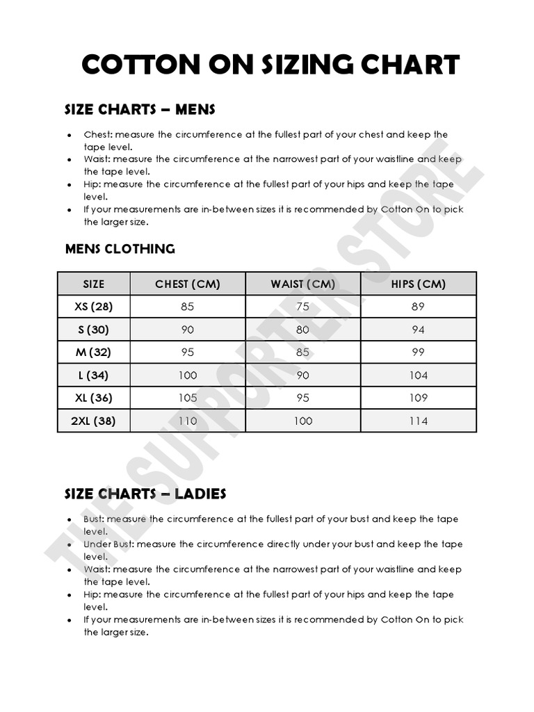Cotton On Sizing Chart: Size Charts - Mens | PDF | Waist