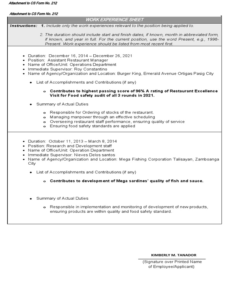 Work Experience Sheet: Instructions: 1. Include Only The Work ...