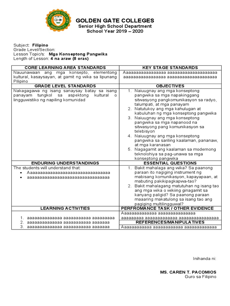 Lesson Plan Shs (Filipino) | PDF