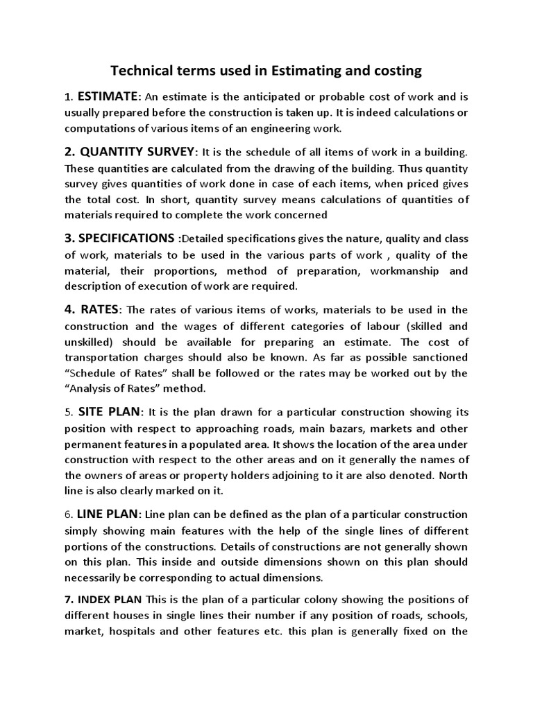 Technical Terms in Estimating and Costing | PDF | Specification ...