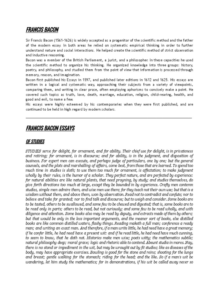Francis Bacon Essays | PDF | Augustus | Reason