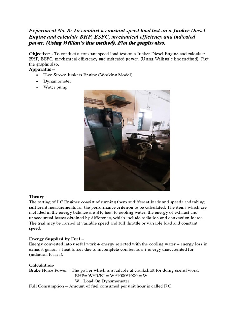 Objective: - To Conduct A Constant Speed Load Test On A Junker Diesel ...