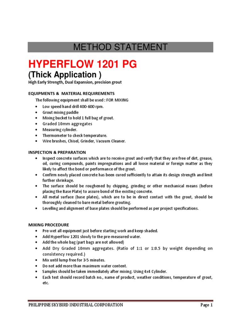 HyperFlow 1201 Grout Method Statement | PDF | Concrete | Personal ...