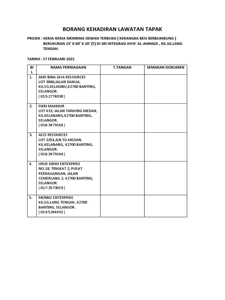 Borang Kehadiran Lawatan Tapak | PDF