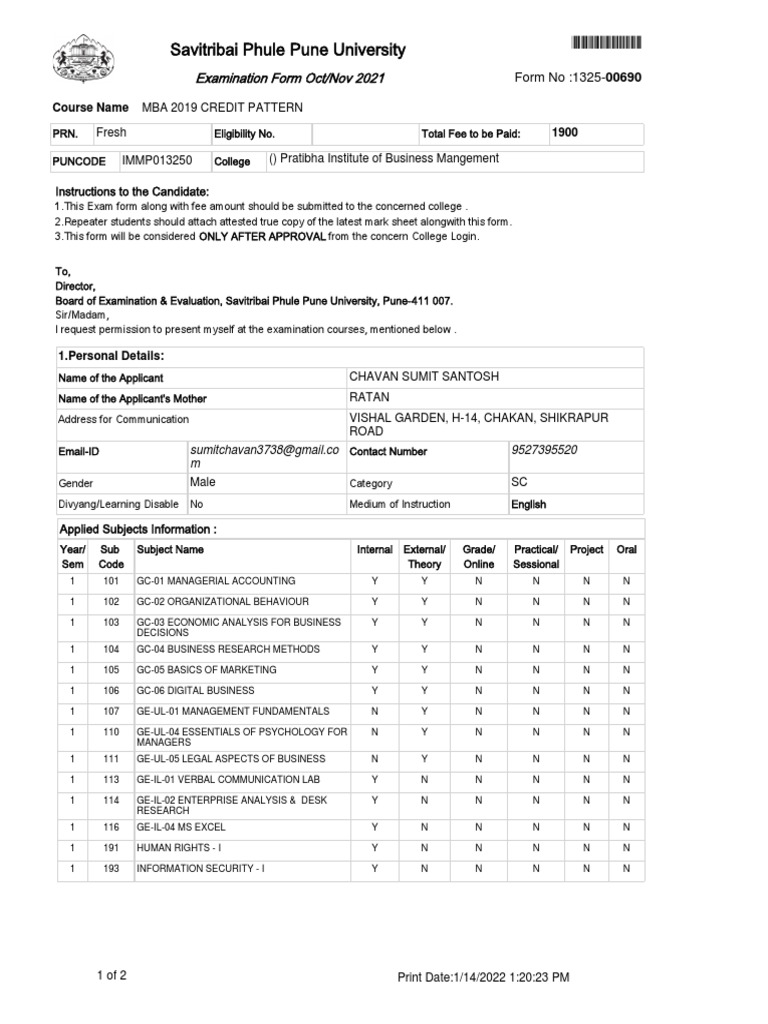 Savitribai Phule Pune University: Examination Form Oct/Nov 2021 | PDF