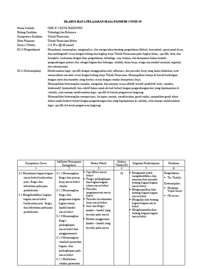 Silabus Teknik Pemesinan Bubut XI-XII TP Covid | PDF