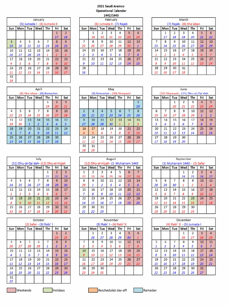 2021 Saudi Aramco Operational Calendar | PDF