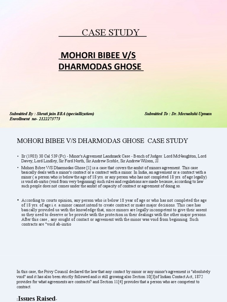 Case Study Mohori Bibee V/S: Dharmodas Ghose | PDF | Guarantee | Surety
