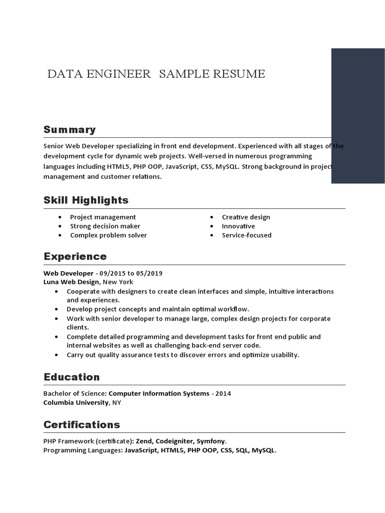 Data Engineer Sample Resume: Eliot | PDF