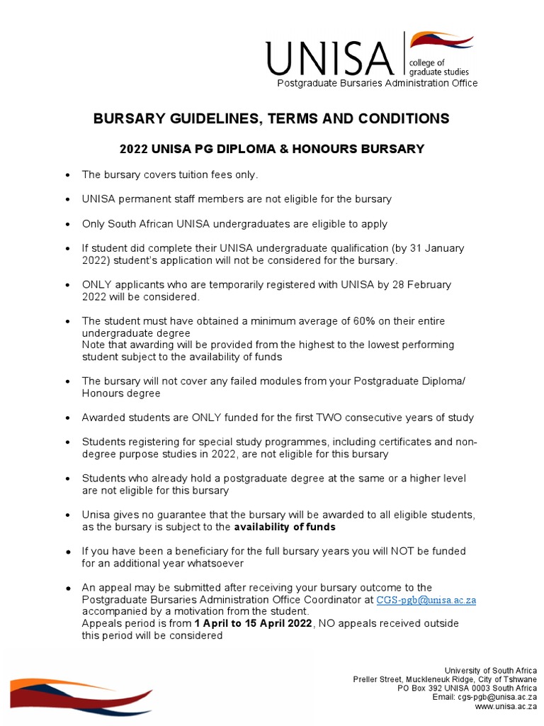 PG Diploma & Honours Bursary Guidelines, Terms and Conditions 2022 ...