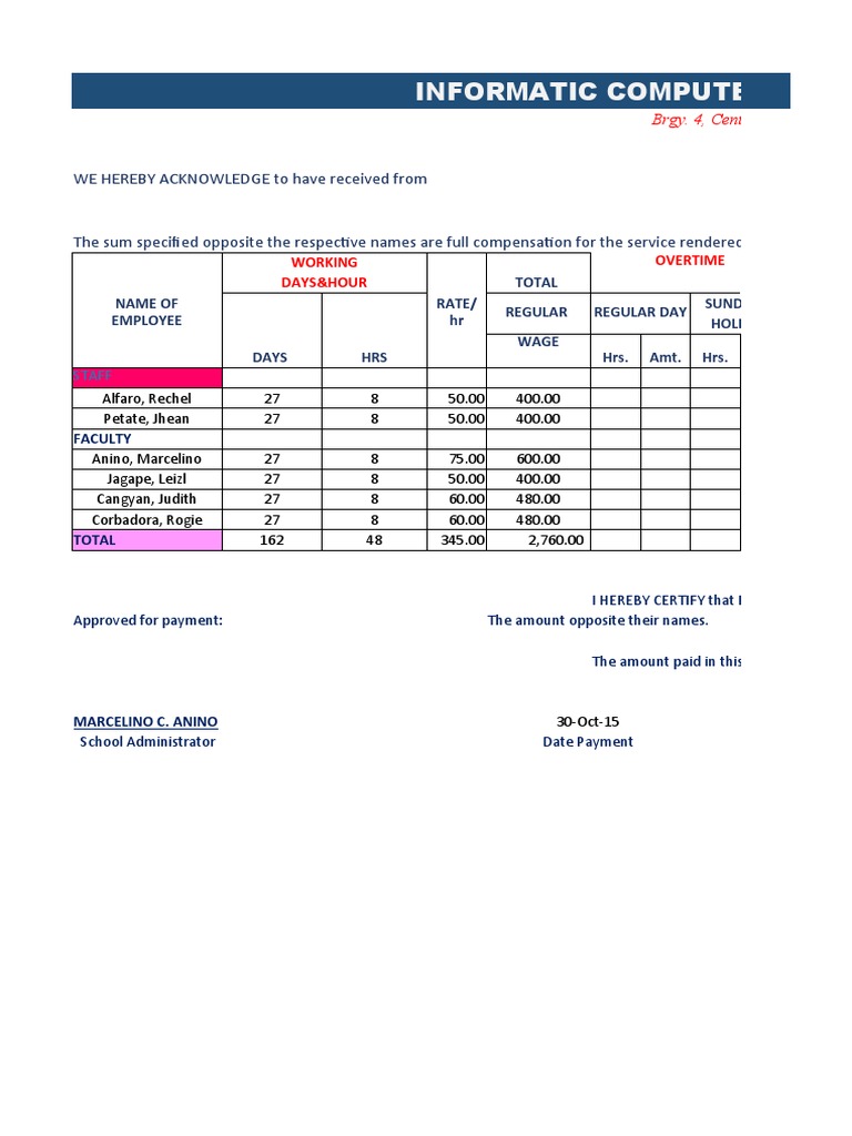 Payroll: Informatic Computer Institute of Agusan Del Sur | PDF ...