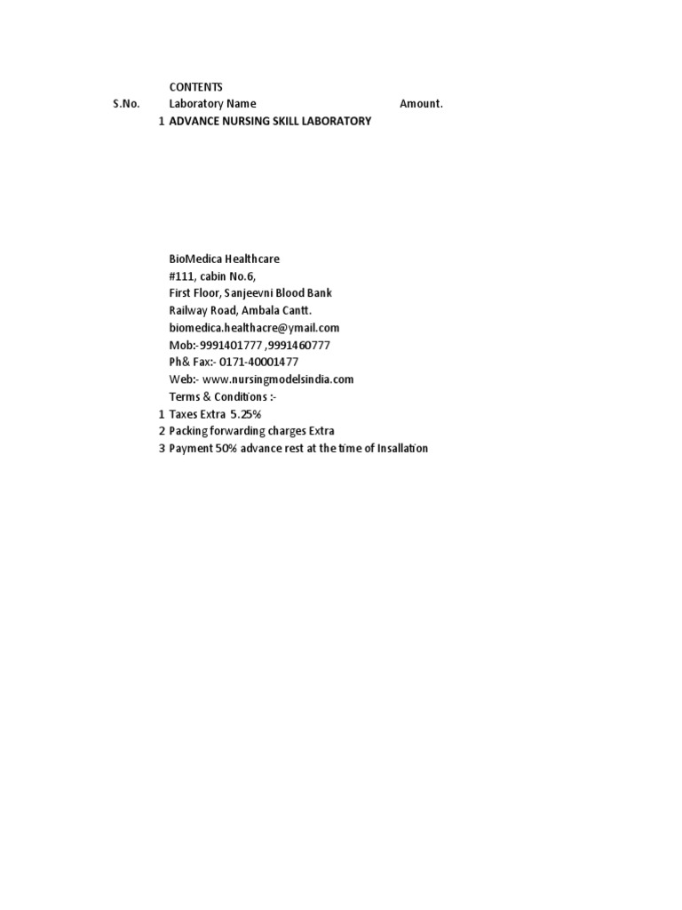 Advance Skill Lab As Per Indian Nursing Council | PDF | Medical ...