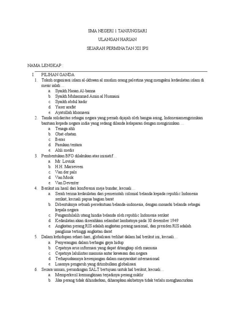 Ulangan Harian Sejarah Perminatan Xii | PDF