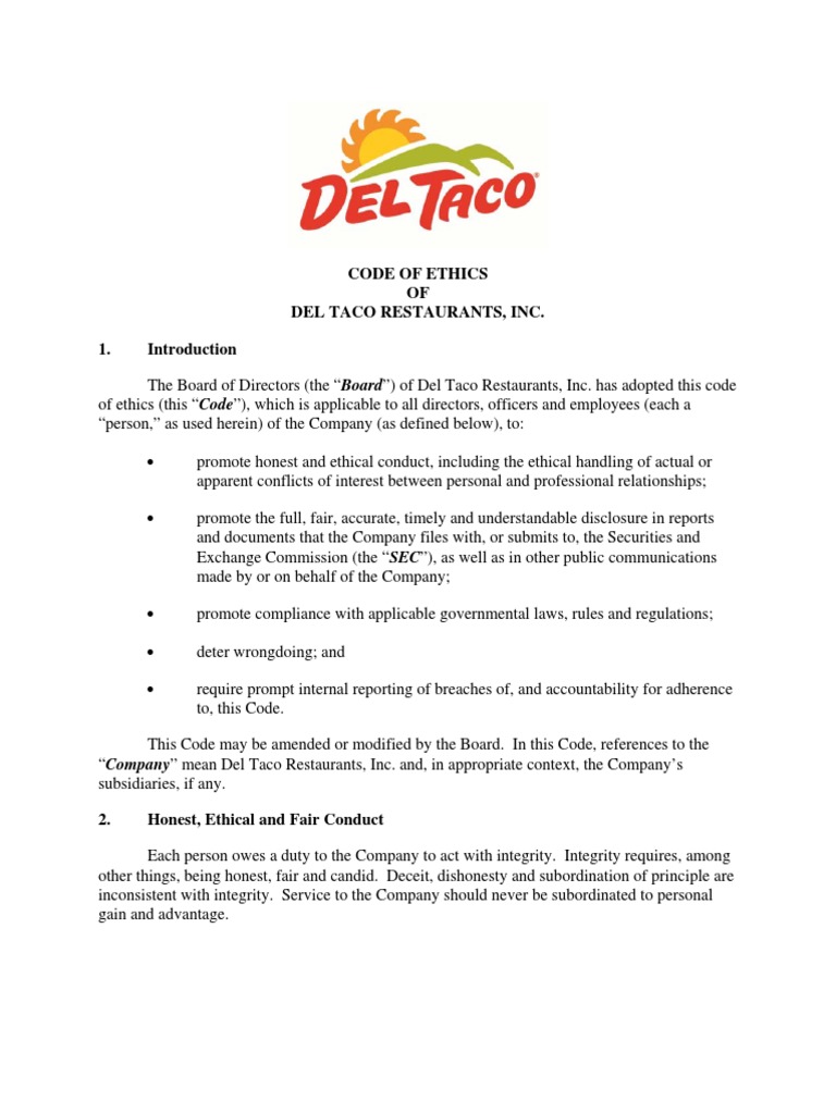 Del Taco Restaurants Code of Ethics (2015 06 26) | PDF | U.S ...