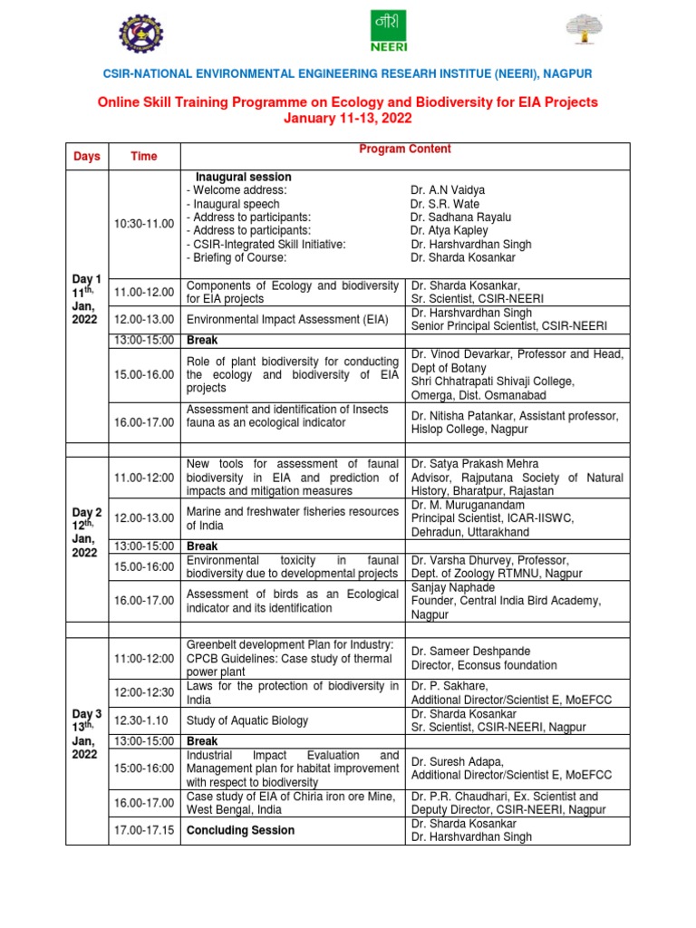 CSIR-NEERI - Schedule - Ecology and Biodiversity Training - January 11 ...