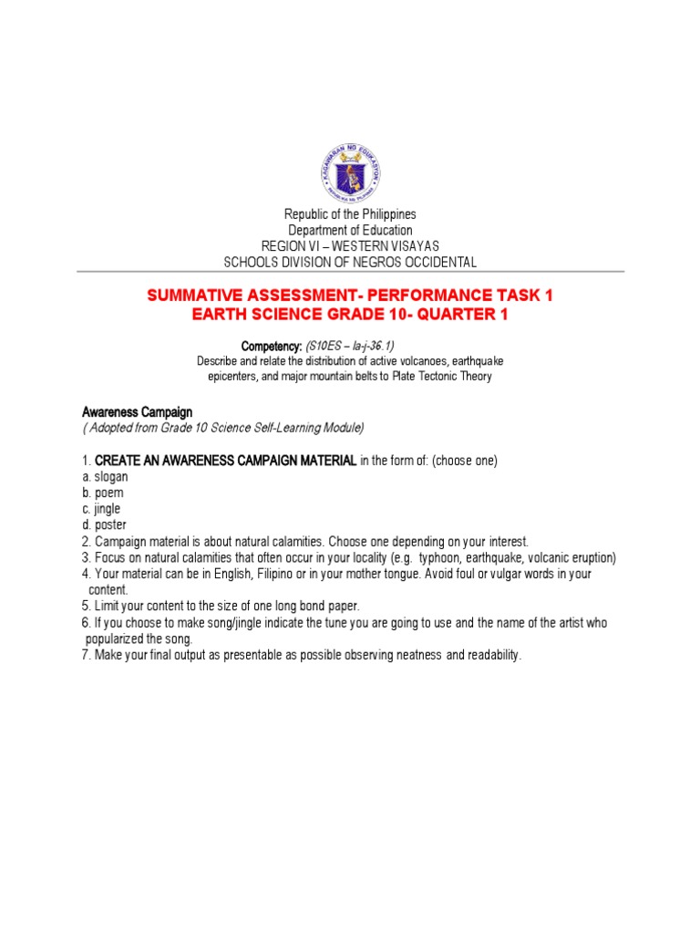Summative Assessment-Performance Task 1 Earth Science Grade 10 ...