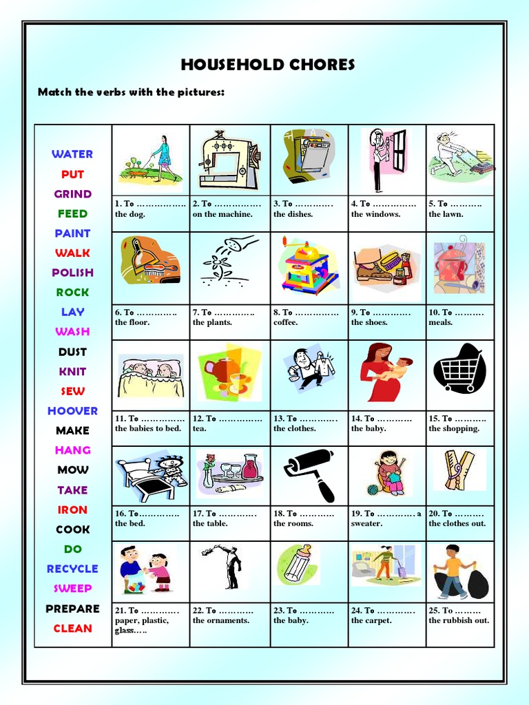 Household Chores: Match The Verbs With The Pictures | PDF | Cooking ...