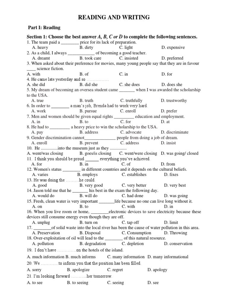Reading and Writing Test Prep | PDF | Shoe | Writers