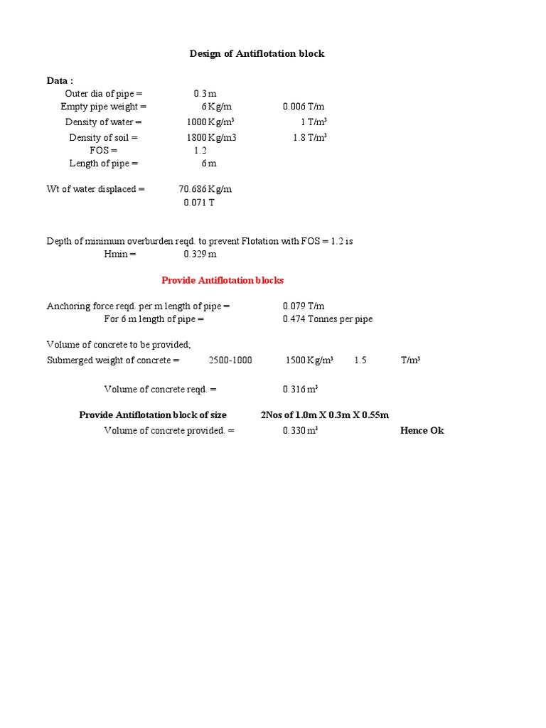 Antiflotation Block Design for Pipes | PDF | Buoyancy | Civil Engineering