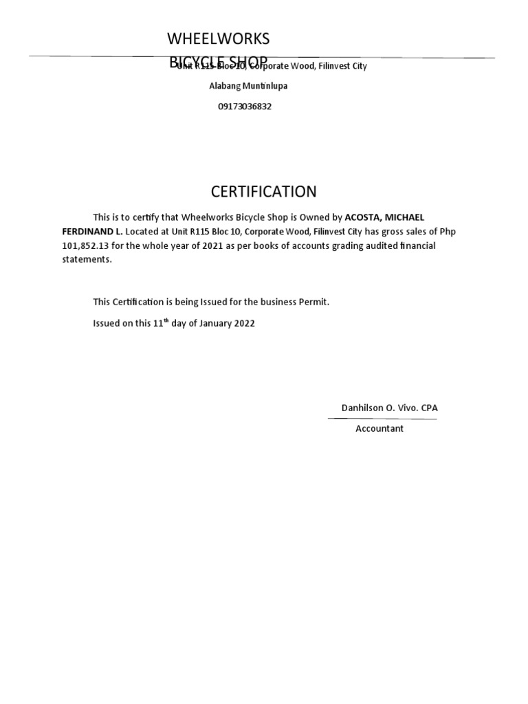 CERTIFICATION FOR Gross Sales - WWB10 | PDF