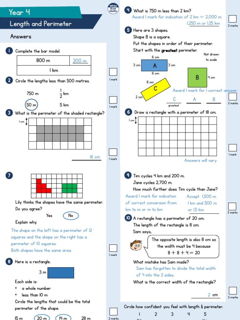 Year 4 Length and Perimeter Answers | PDF | Length | Area
