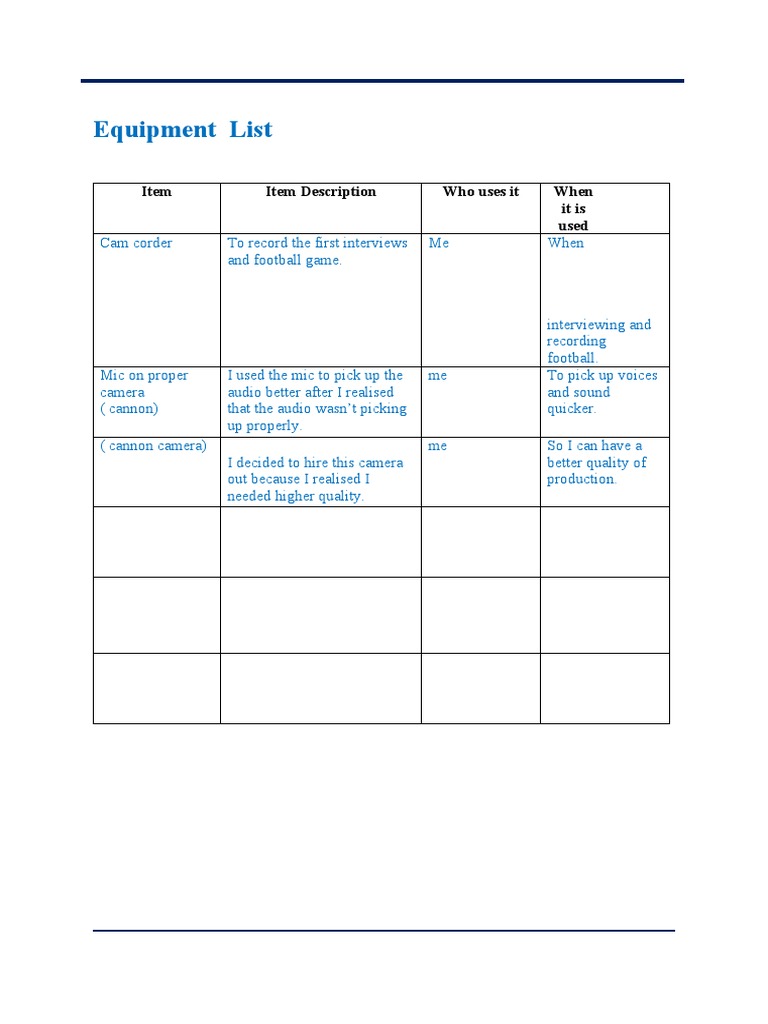 Equiptment List | PDF