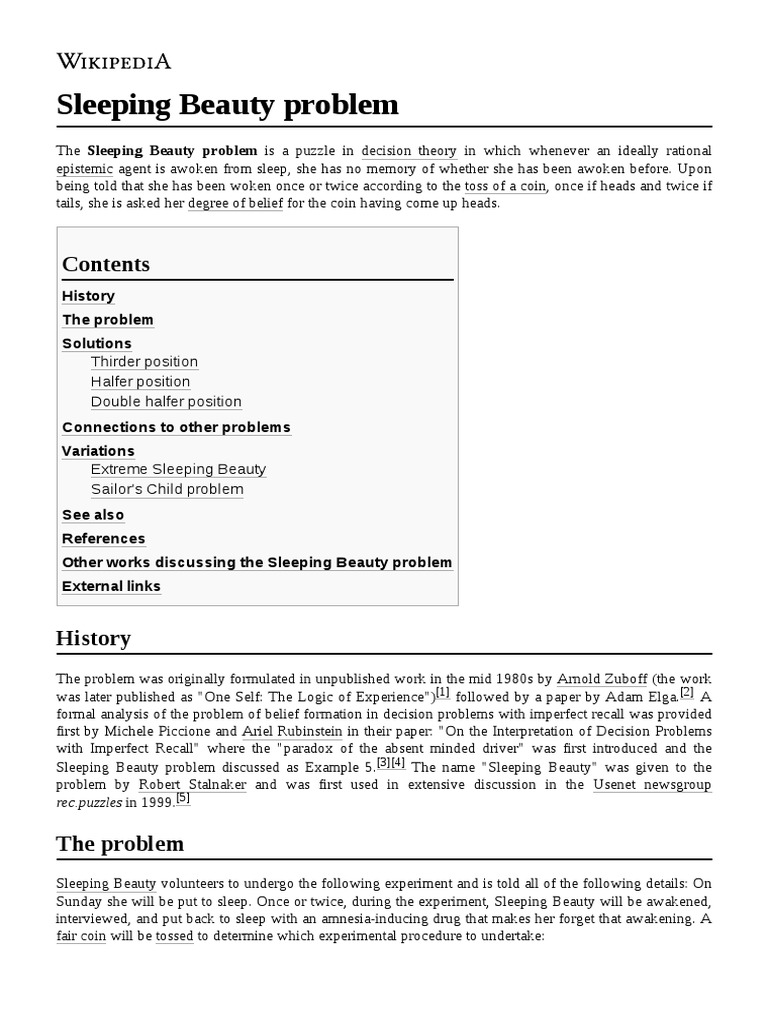 Sleeping Beauty Problem: History The Problem Solutions | PDF