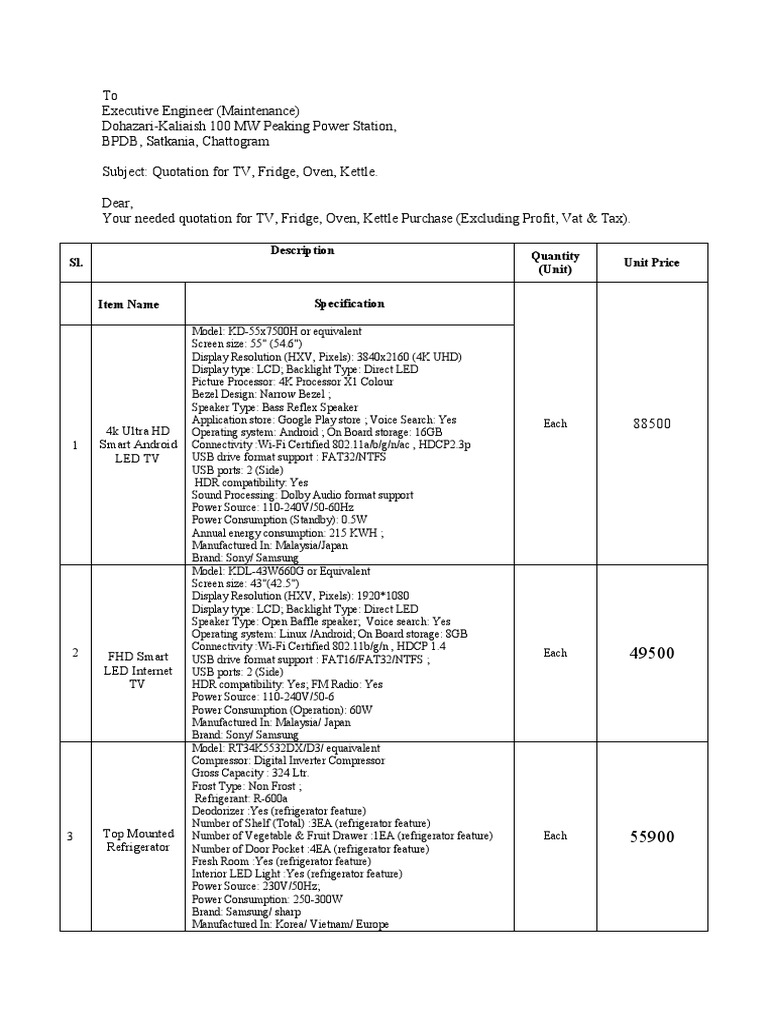 Sl. Description Quantity (Unit) Unit Price Specification: 1 4k Ultra HD ...
