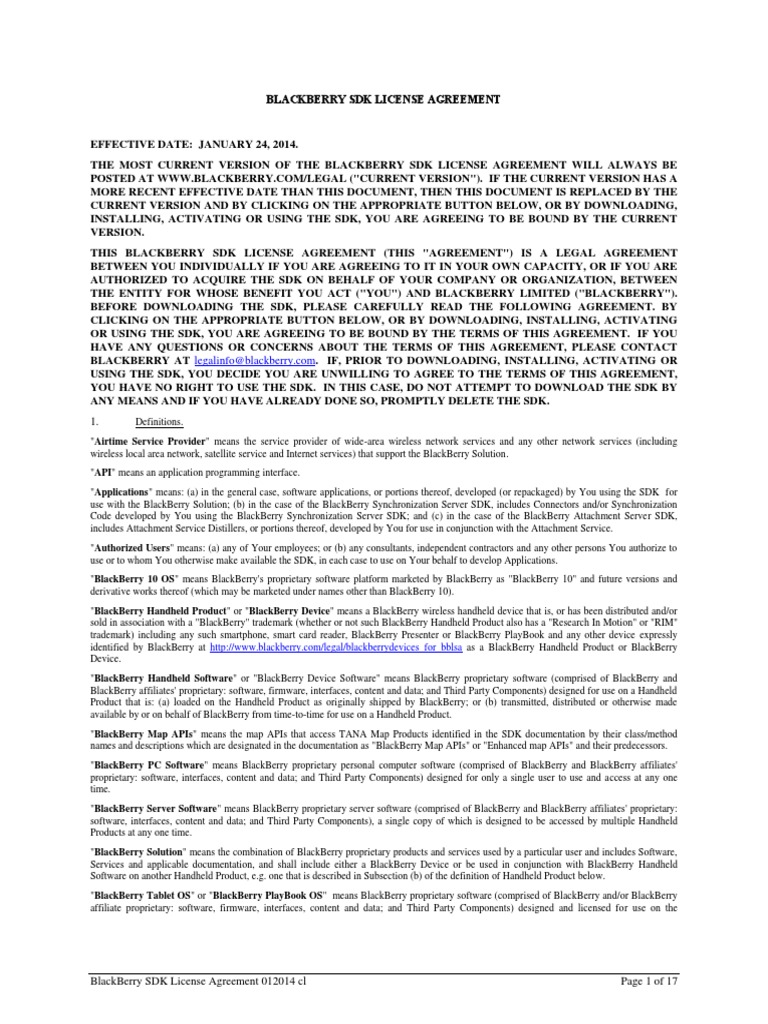 Sdk License English Pdf Black Berry Limited Proprietary Software