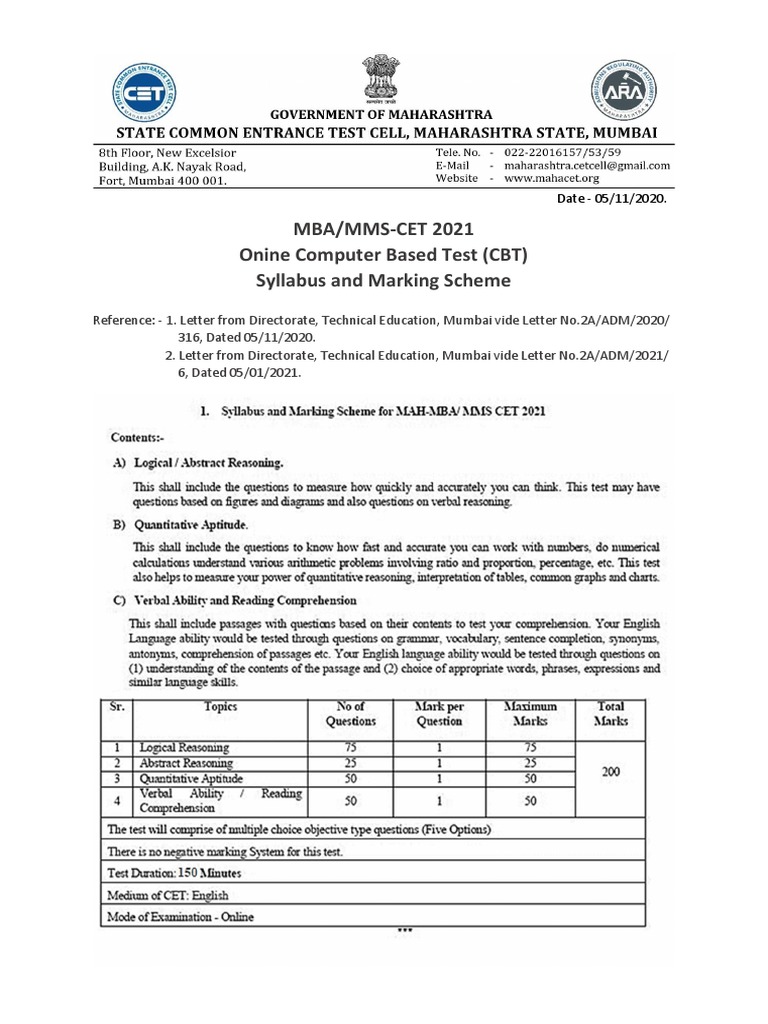 MBA/MMS-CET 2021 Onine Computer Based Test (CBT) Syllabus and Marking ...