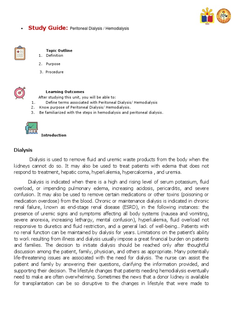 Study Guide:: Dialysis | PDF | Dialysis | Hemodialysis