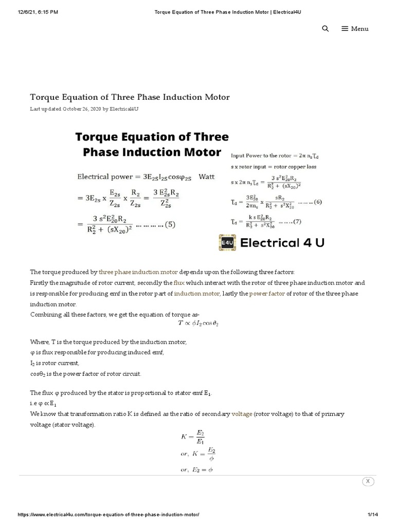 Torque Equation of Three Phase Induction Motor - Electrical4U | PDF ...