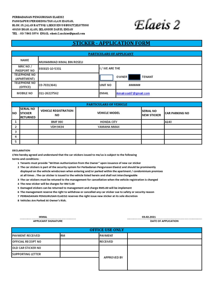 Sticker - Application Form: Particulars of Applicant | Download Free ...