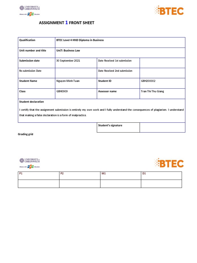 Assignment Front Sheet: Qualification BTEC Level 4 HND Diploma in Business | PDF | Precedent ...