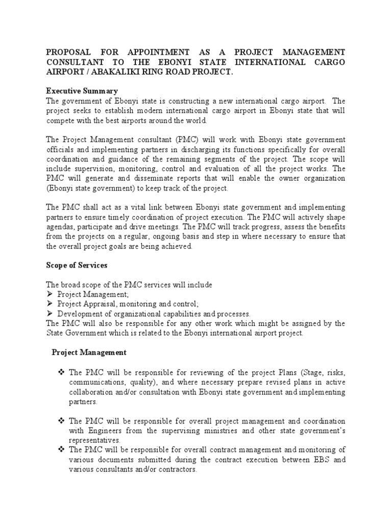 Proposal For Appointment As A Project Management Consultant To The ...