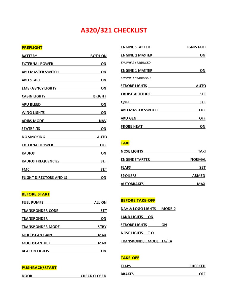 A320/321 CHECKLIST: Preflight | PDF | Aerospace | Vehicle Parts