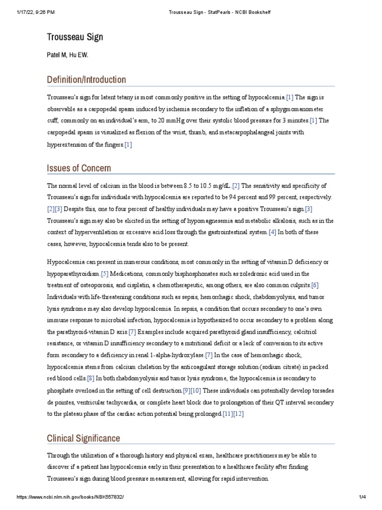 Trousseau Sign - StatPearls - NCBI Bookshelf | PDF | Physiology ...