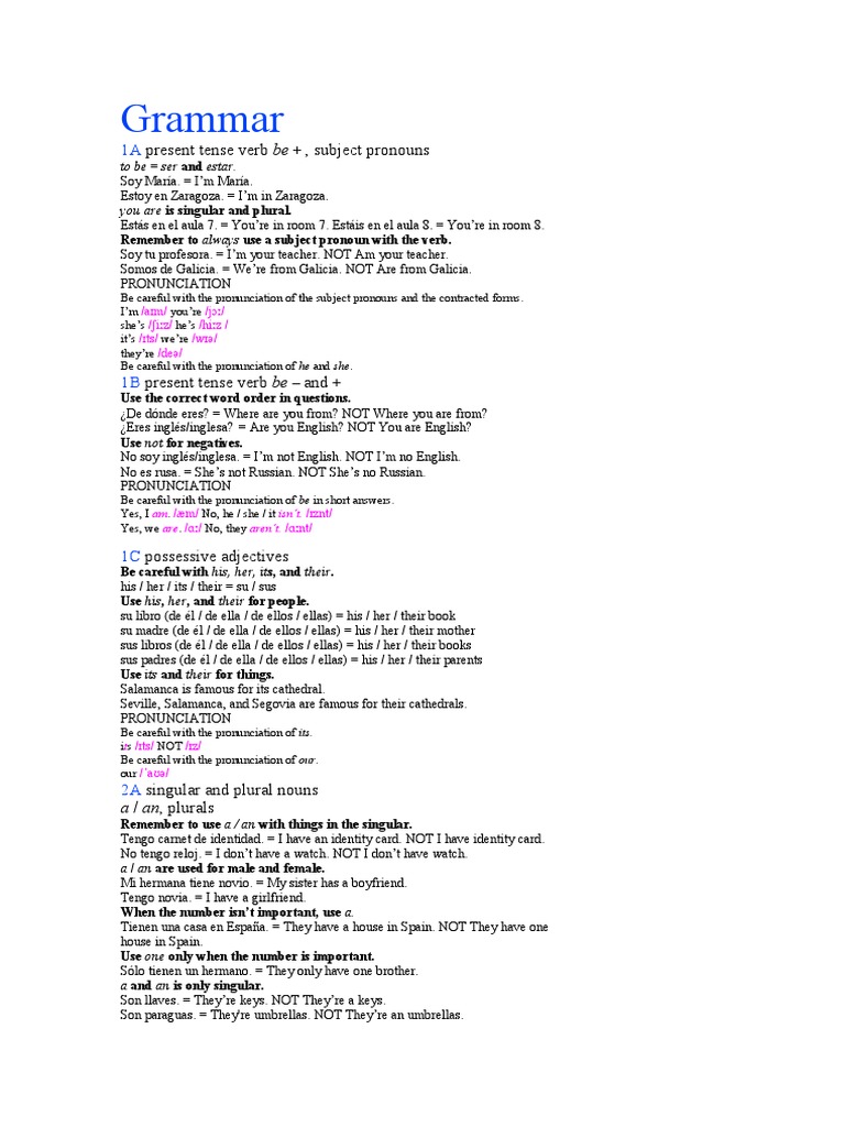 Grammar: Present Tense Verb Be, Subject Pronouns | PDF | English ...